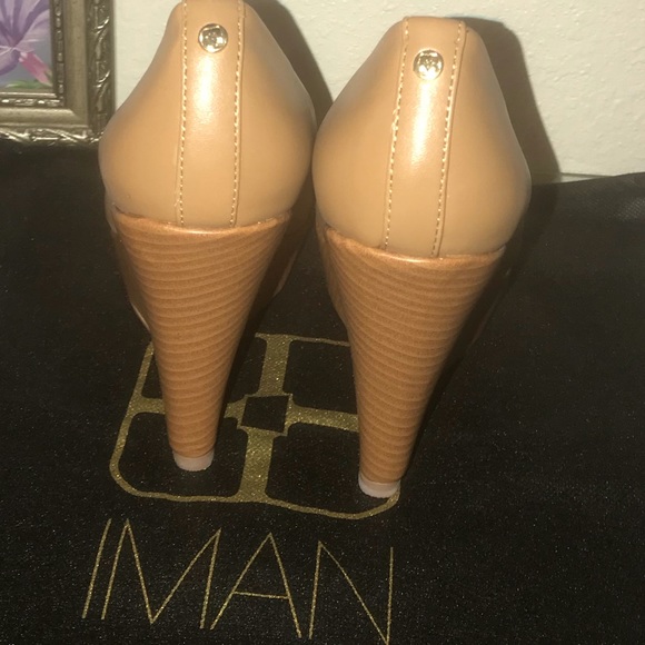 IMAN | Shoes | Iman Camel Stiletto Gold Logo Platform Wedge Heels ...